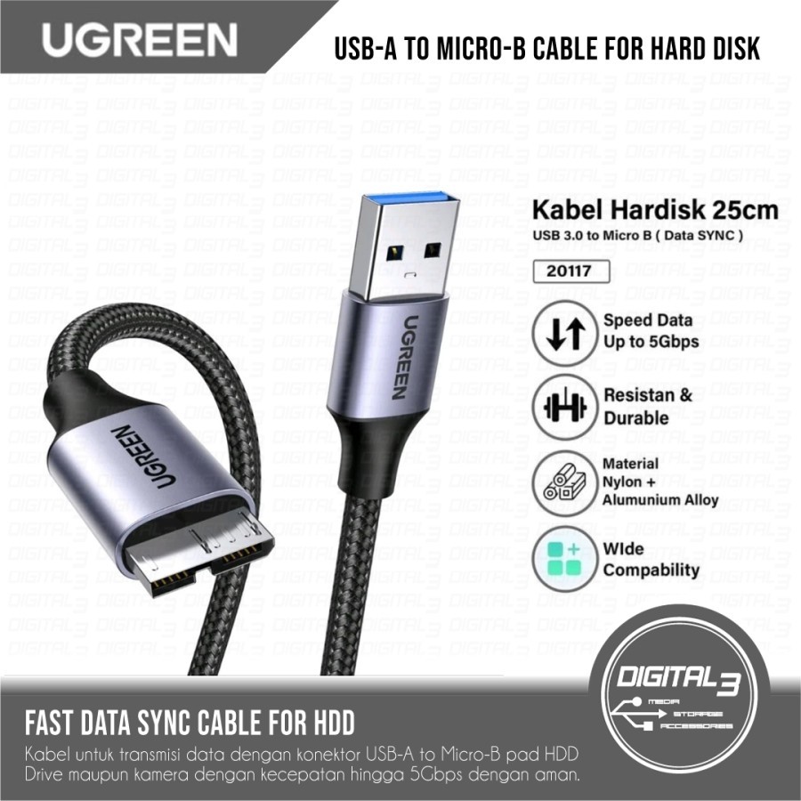 Jual UGREEN US374 Cable Data USB-A to Micro-B USB 3.0 for HDD Support ...