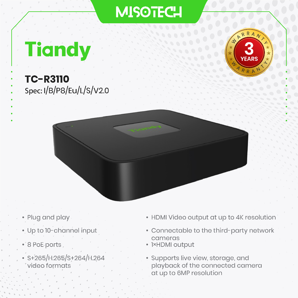 Jual Tiandy TC-R3110 10 Channel NVR 8 PoE 4K 1 SATA H.265 IP Camera Spark Series | Shopee Indonesia