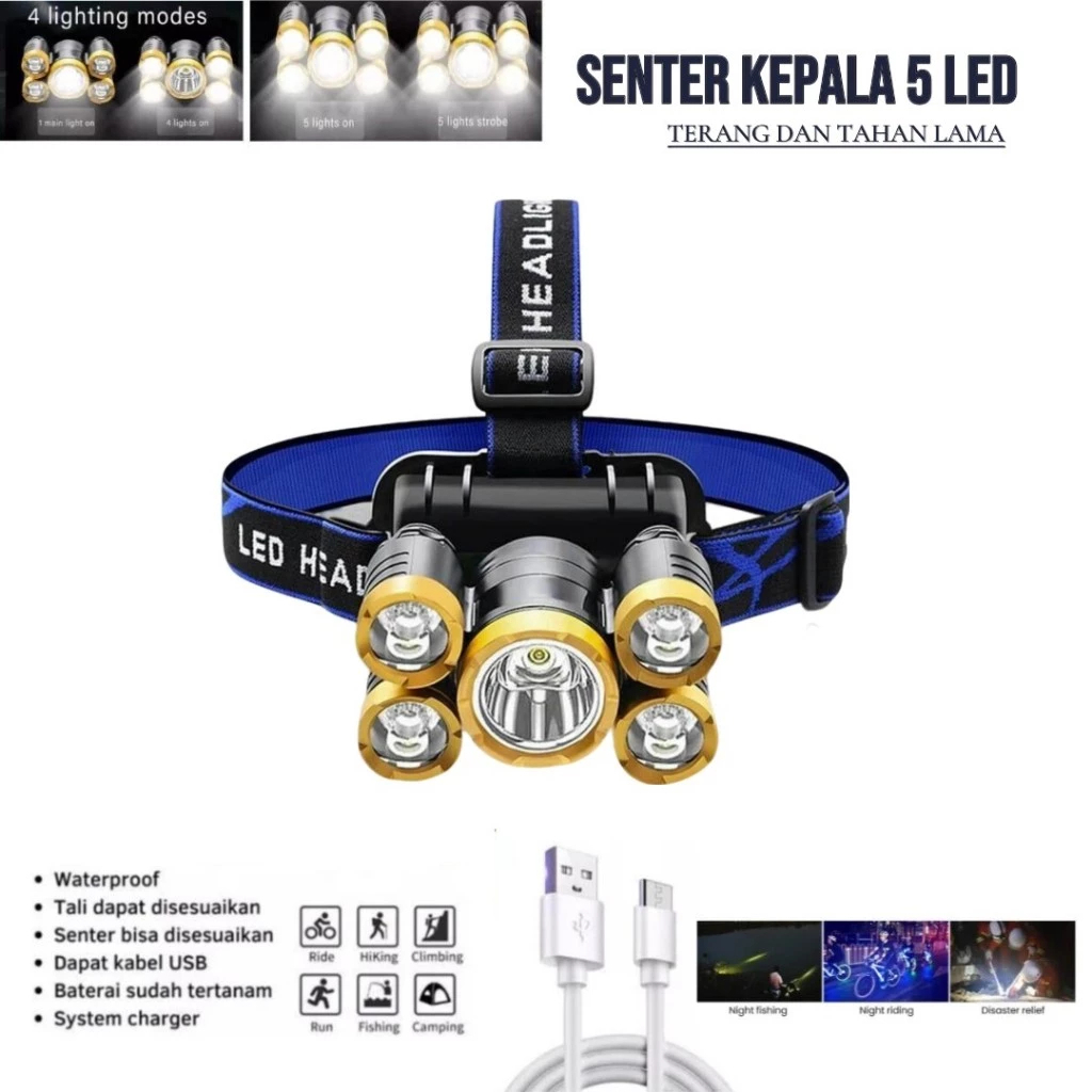 Jual Senter Kepala Headlamp 5 LED Multifungsi USB RECHARGEABLE WATERPROOF ANTI AIR 4 MODE CAHAYA ...