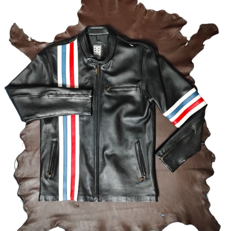 Jual Jaket kulit rider motif garis ( Jhonny Knoxville ) | Shopee Indonesia