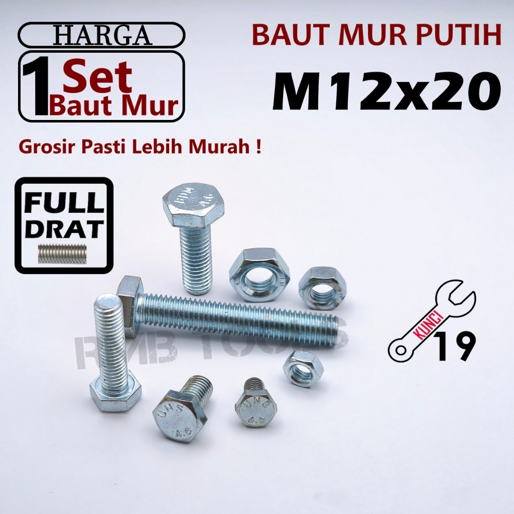 Jual M12x20 Baut Mur Putih M12 BMP Kunci 19 Pitch 1.75 / BMP M12 x 20 Grade 4.6 Baut 19 | Shopee ...