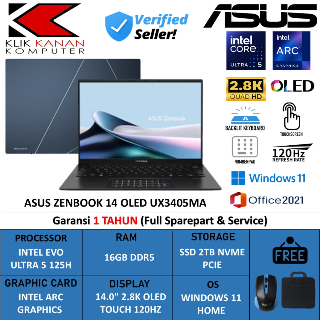 Jual Laptop Asus Zenbook 14 OLED UX3405MA Intel Evo Ultra 5 125H 16GB ...