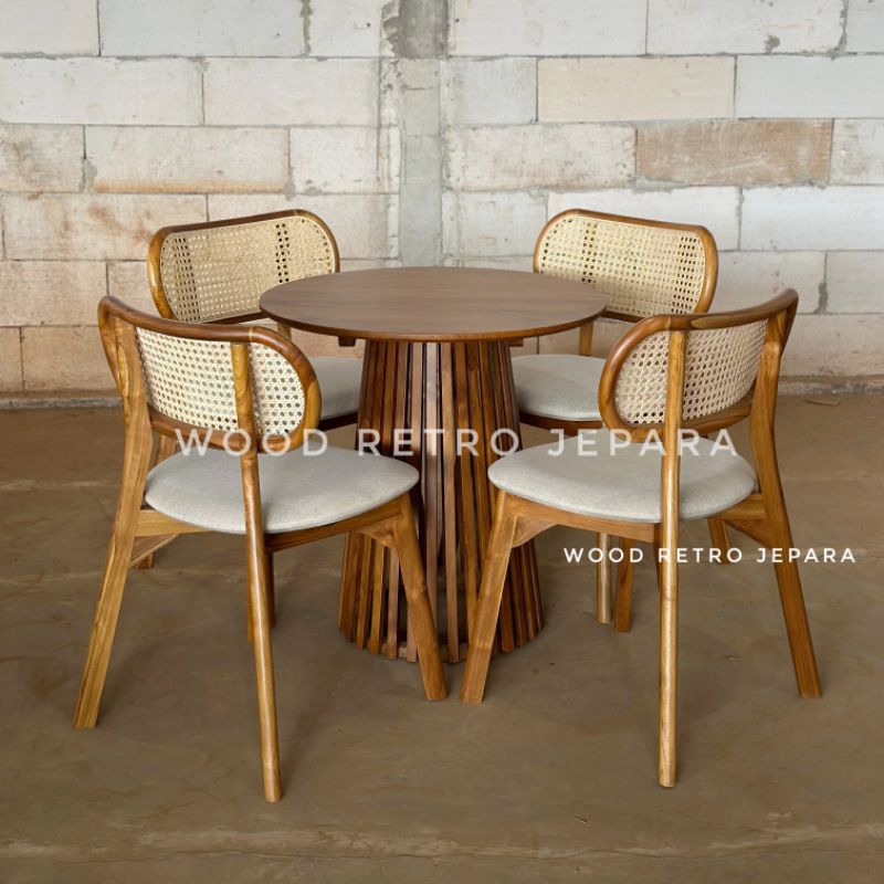 Jual Set Meja Makan Salur Bundar Retro Kayu Jati - Meja Makan Cafe Resto - Kursi Kacang Rotan ...
