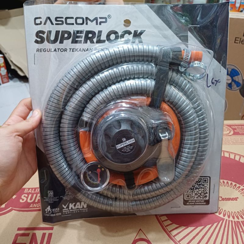 Jual Regulator Tekanan Rendah Superlock Gascomp Double Penguncian Paketan + Selang | Shopee ...