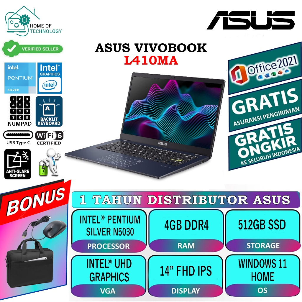 Jual LAPTOP ASUS VIVOBOOK L410MA INTEL N4020 4GB 1TB SSD 14 FHD Backlit ...