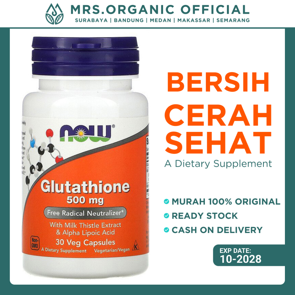 Jual Suplemen Vitamin Now Foods Glutathione 500 mg 30 Veg Capsule ...