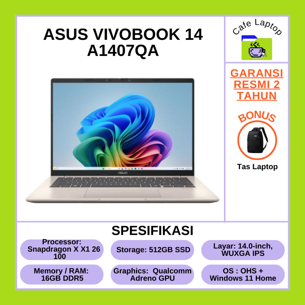 Jual Asus Vivobook 14 A1407QA VIPS Snapdragon X1 16GB 512GB SSD 14″ WUXGA IPS Win 11 Home+OHM ...