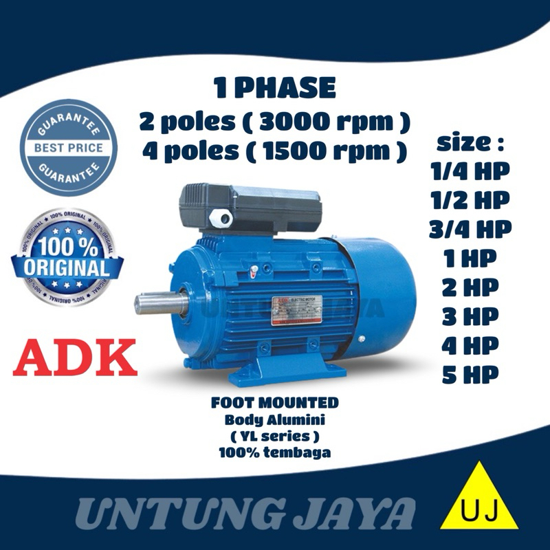 Jual DINAMO ELEKTRO MOTOR ADK 1 PHASE 5 HP 3,7 KW 2 POLE 3000 RPM ...