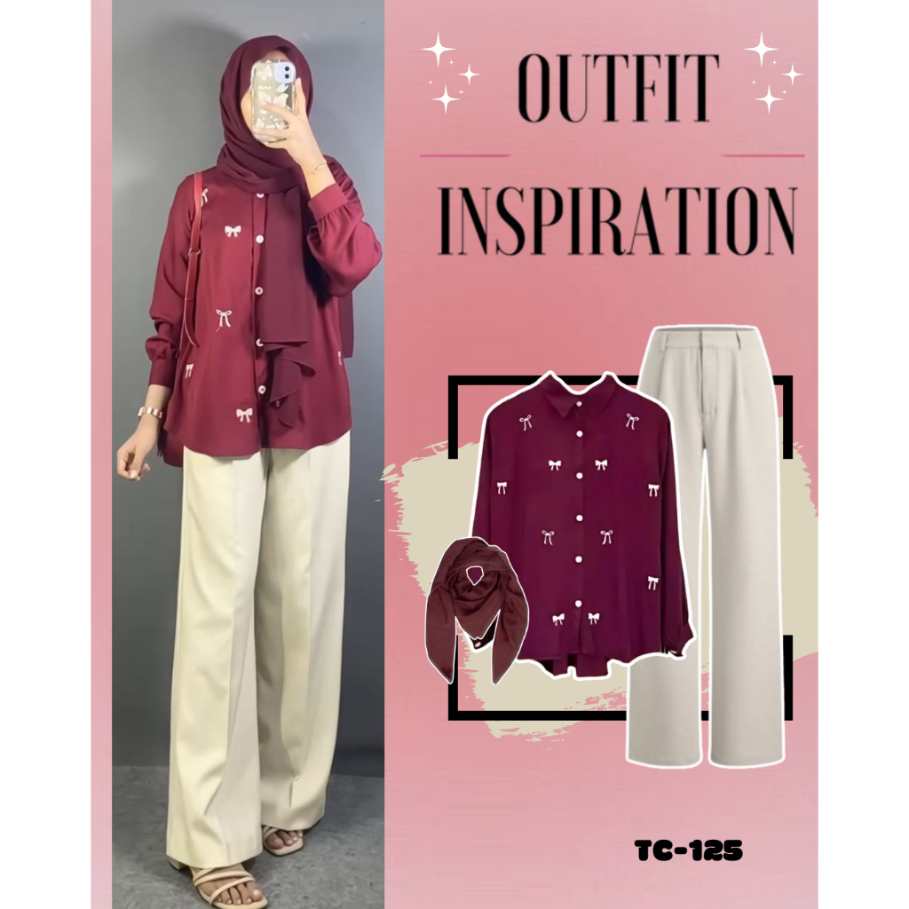 Jual One Set OOTD Hijab Style Terbaru ( Celana Knit Ivory + Blouse Maron + Bela square ) Setelan ...
