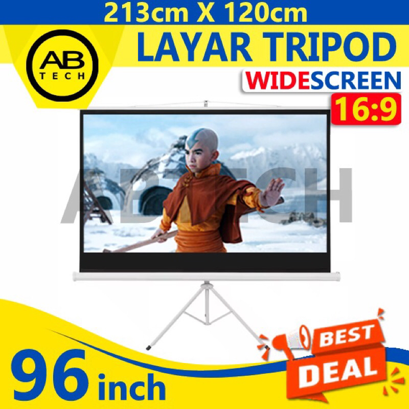 Jual Screen Projector Tripod 96" Ratio 16:9 Widescreen - Layar Proyektor 96 inch Stand Tripot ...