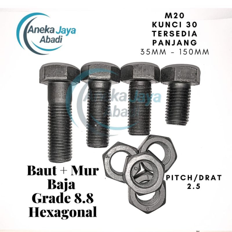 Jual Baut Mur 8.8 Hexagon M20 Panjang 35mm - 150mm / Baud Mur Baja M20x35 - M20x150mm Kunci 30 ...