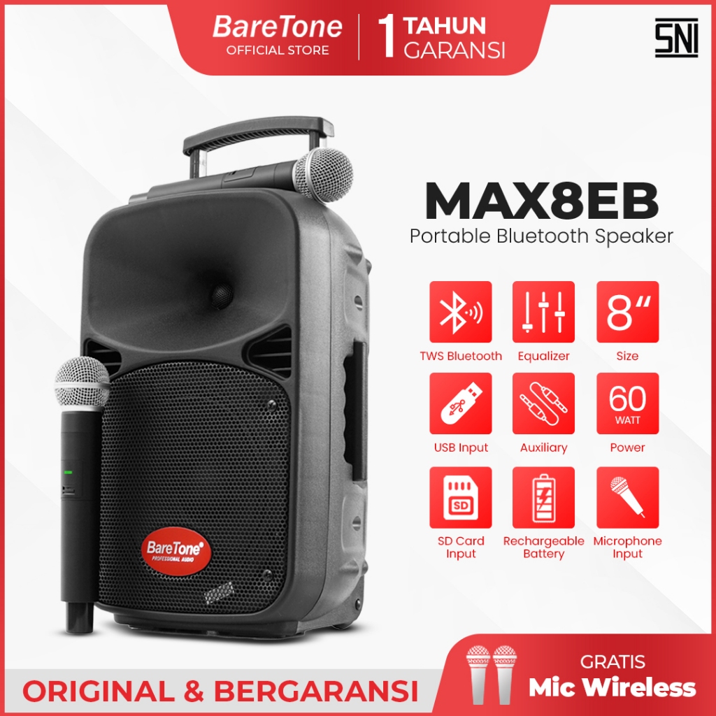 Jual BareTone Speaker Portable MAX08EB Speaker Bluetooth 8 Inch Mini Portable Support Micro SD ...