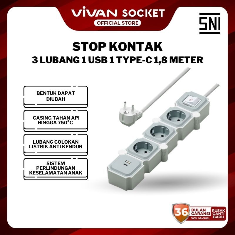Jual VIVAN Safety Socket Transformable 3 in 1 With Charging Port 2M VPS ...