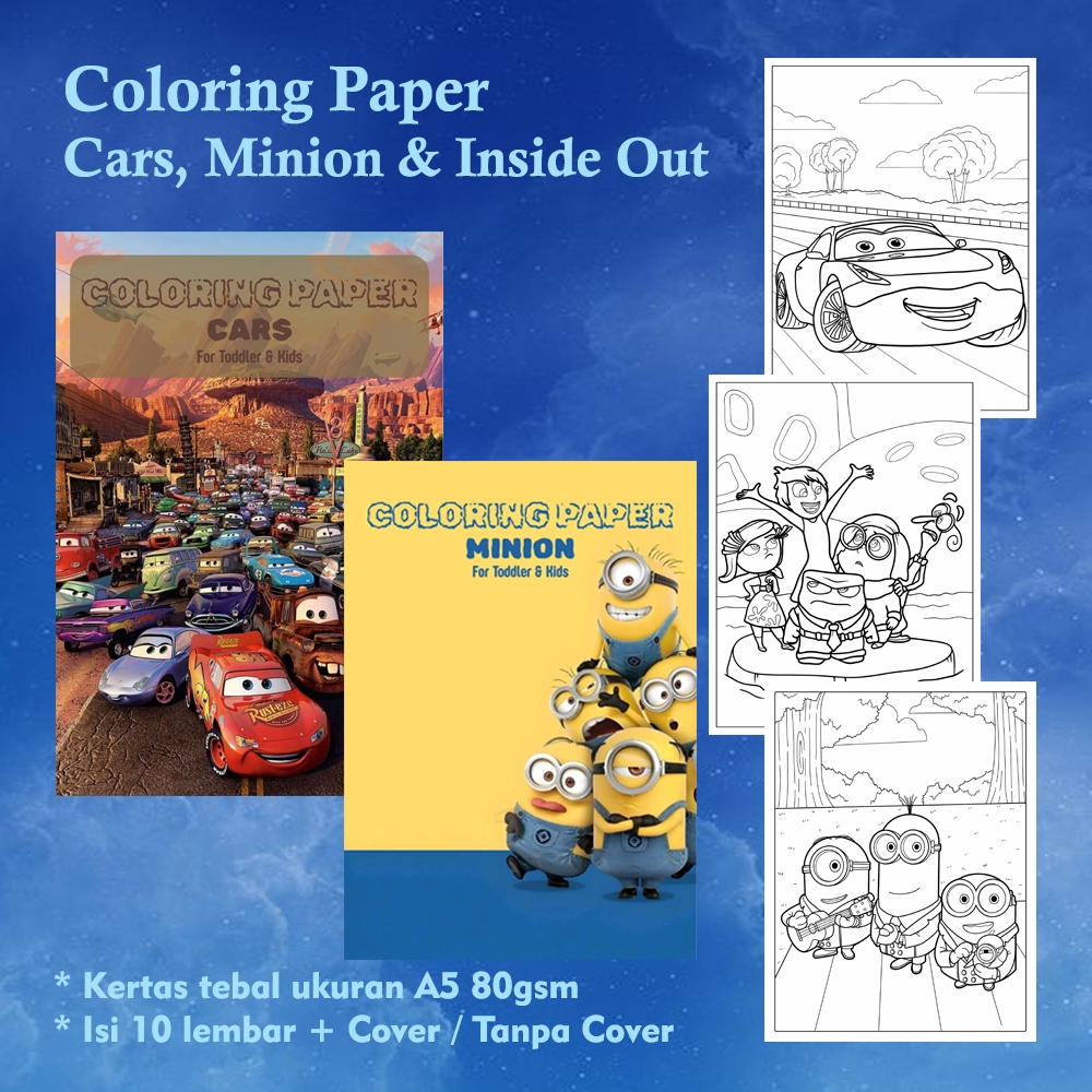 Jual [10 LEMBAR] KERTAS MEWARNAI / COLORING PAPER TEMA CARS, MINION ...