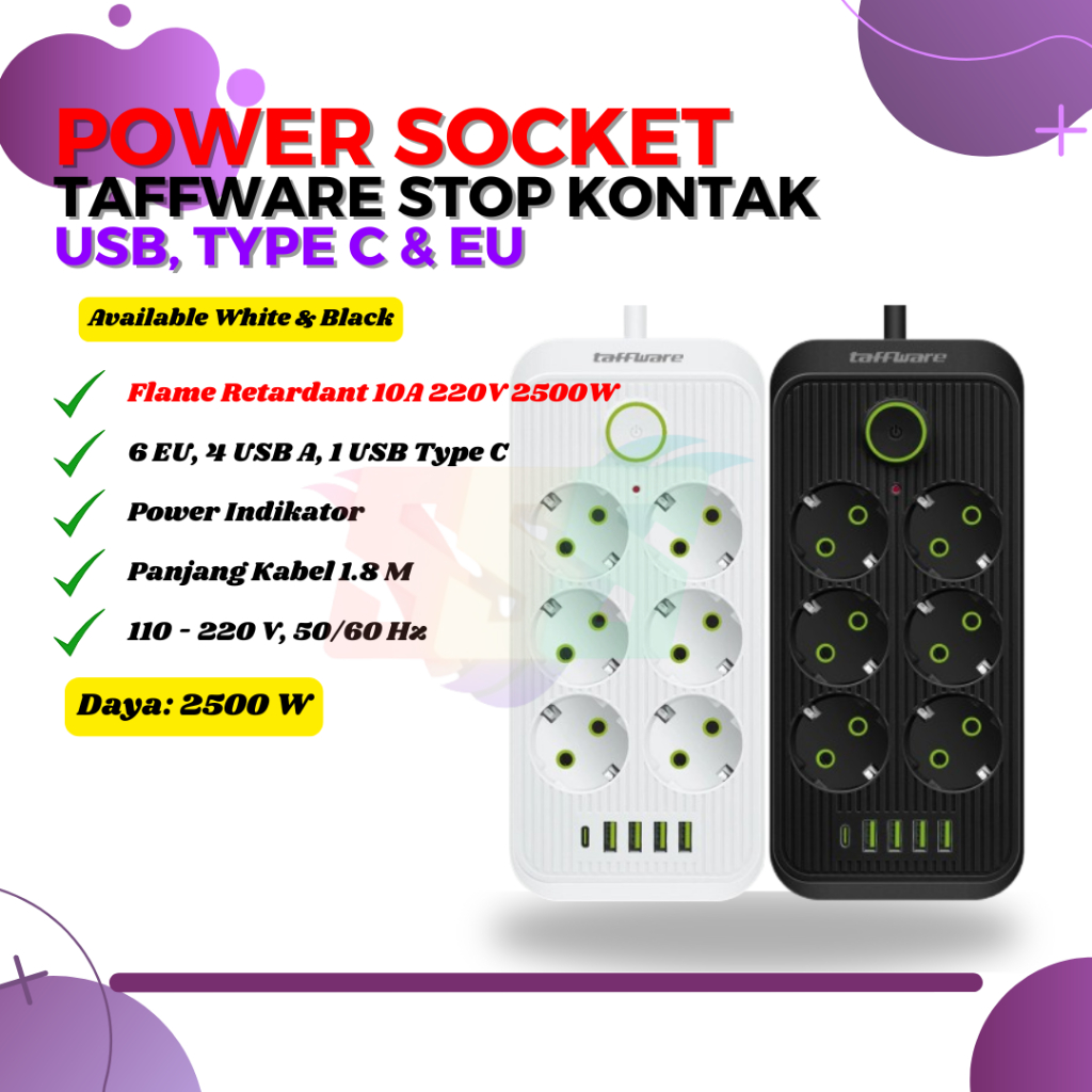Jual TAFFWARE Stop Kontak USB Type C EU Plug Flame Retardant 10A 220V 2500W Terminal Listrik ...