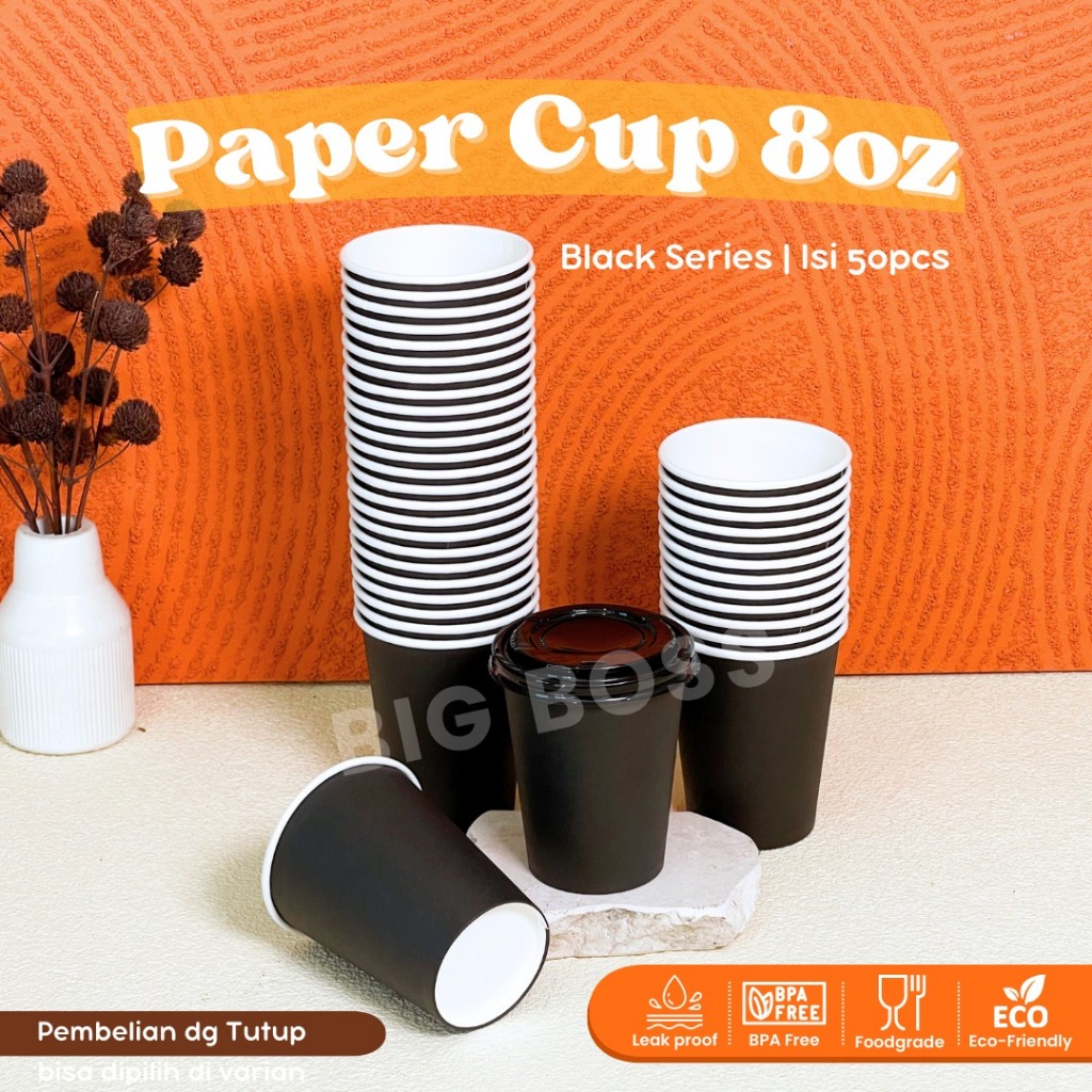Jual [50PCS] Paper Cup Hitam 8 Oz (240ml) / Gelas Kertas Kopi Teh Hitam Polos Tahan Panas / Hot ...