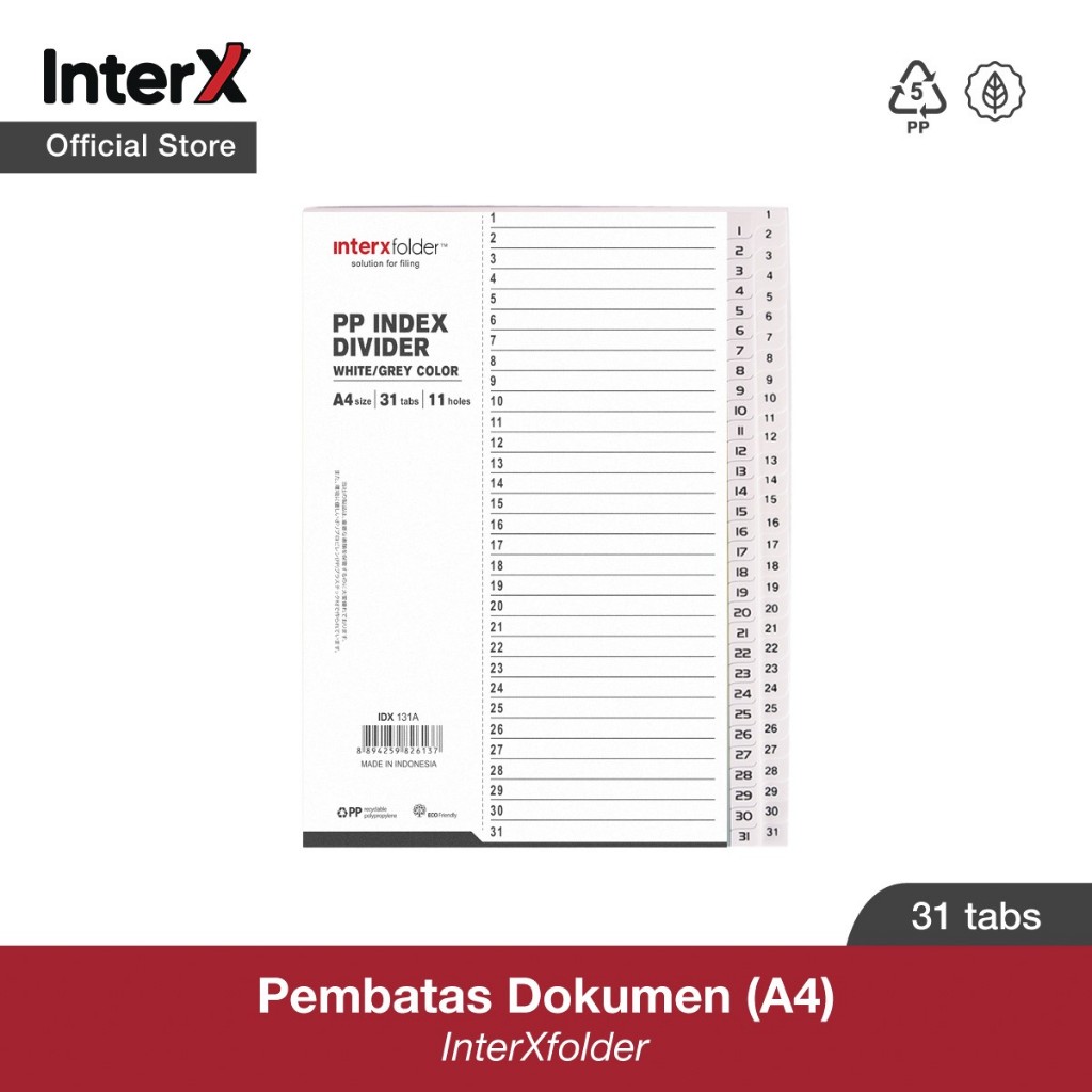 Jual InterX Folder PP Index Divider / Pembatas File Urutan Angka 1- 31 ...