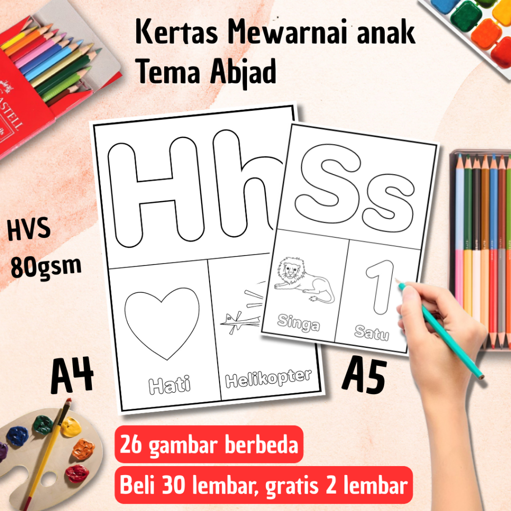 Jual 26Lembar Kertas Mewarnai Anak / Coloring / Sketsa A5 & A4 Tema ...