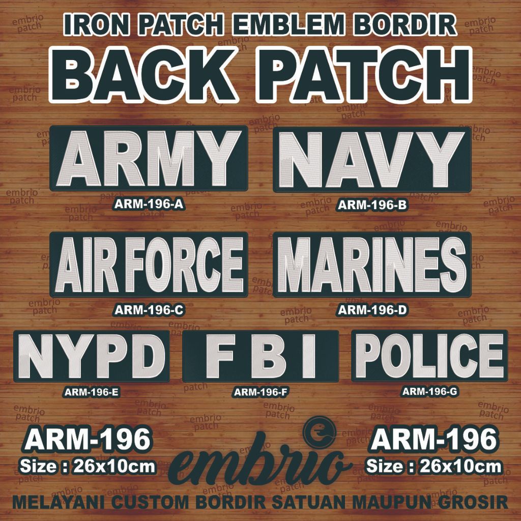 Jual ARM-196 Back Patch Tulisan Punggung Belakang Emblem Bordir army ...