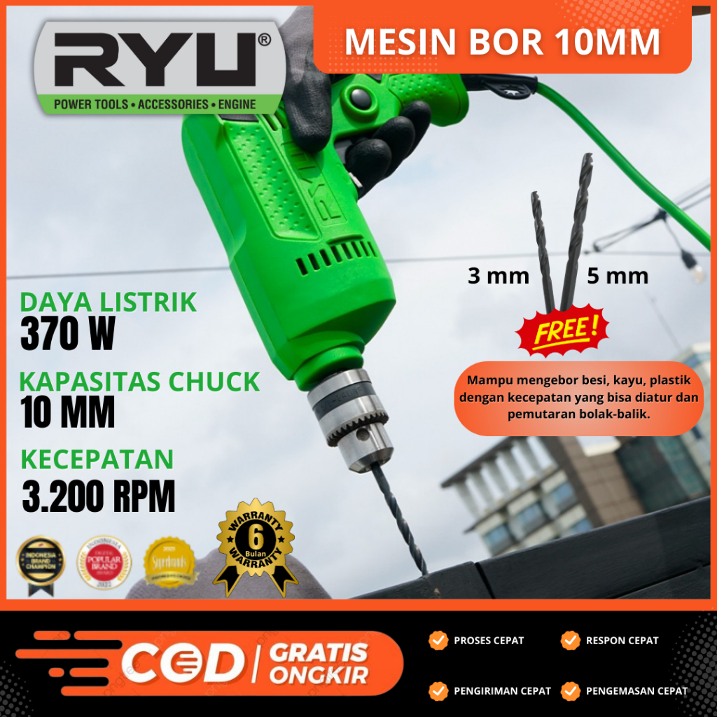 Jual Bor Tangan Listrik 10mm 370W Mesin Bor Kayu Besi Pvc Alumunium ...
