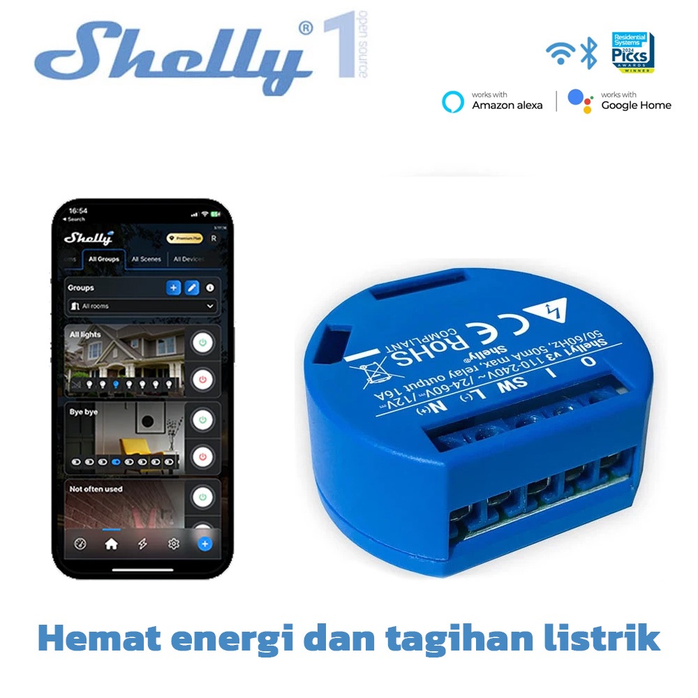Jual Shelly 1 Smart Home WiFi Operated Relay Switch 16A Server Web ...