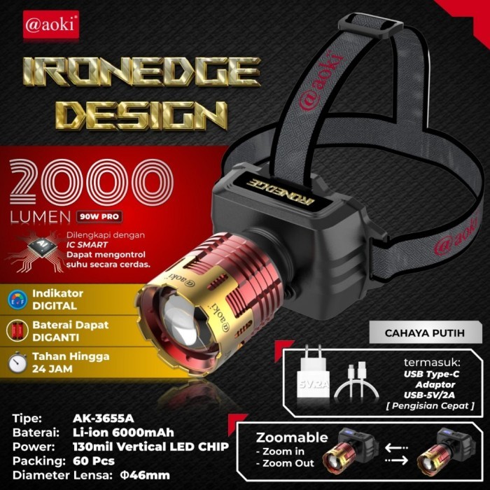 Jual SENTER KEPALA AOKI AK-3655A 90W PRO 2000 LUMEN BATERAI 6000MAH BISA LEPAS PASANG- MODE ZOOM ...