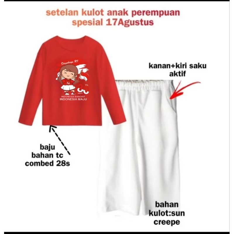 Jual merah putih/Setelan kulot panjang anak perempuan edisi 17 Agustus gambar cewek fiss/setelan ...