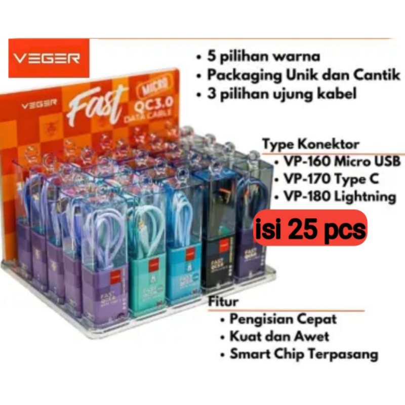 Jual { 1 BOX 25 PCS } kabel data VEGER V160 MICRO V170 TYPE-C V180 ...