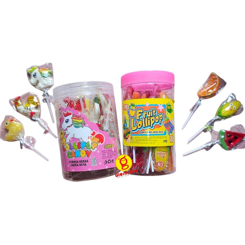 Jual Permen KERAS Lolipop Aneka Bentuk Fruit Lolippop DSM Toples isi 30 ...