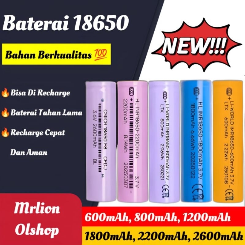 Jual Baterai Rechargeable 18650 Baru / Batre Lithium 18650 2600mAh 2200mAh 1800mAh 1200mAh ...