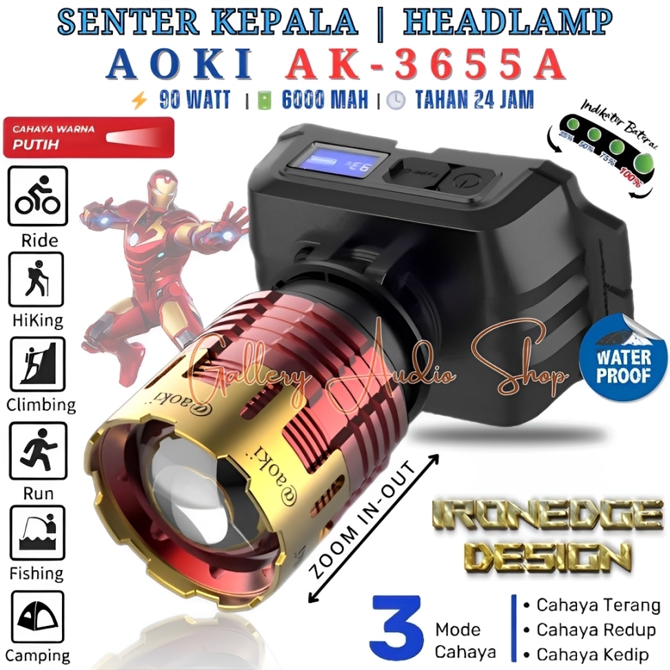 Jual SENTER KEPALA ZOOM LED 90W PRO AOKI AK-3655A - BATERAI JUMBO 6.000mAh BISA DI LEPAS PASANG ...