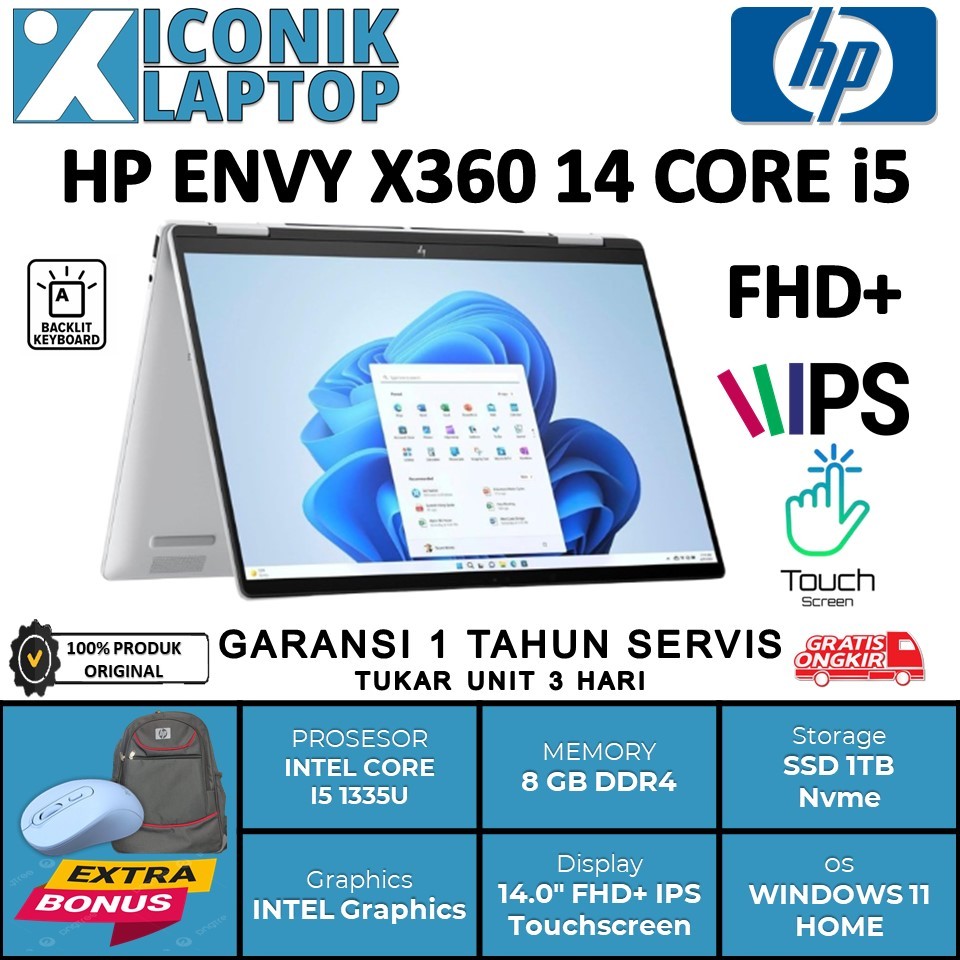 Jual Laptop hp envy x360 intel i5 gen 13 RAM 8gb SSD 512gb full hd ips ...