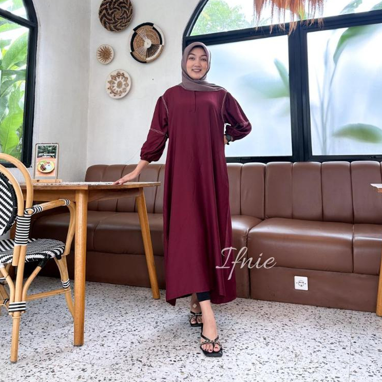 Jual Gamis pendek Midi Dres variasi benang smock motif gamis simpel ...