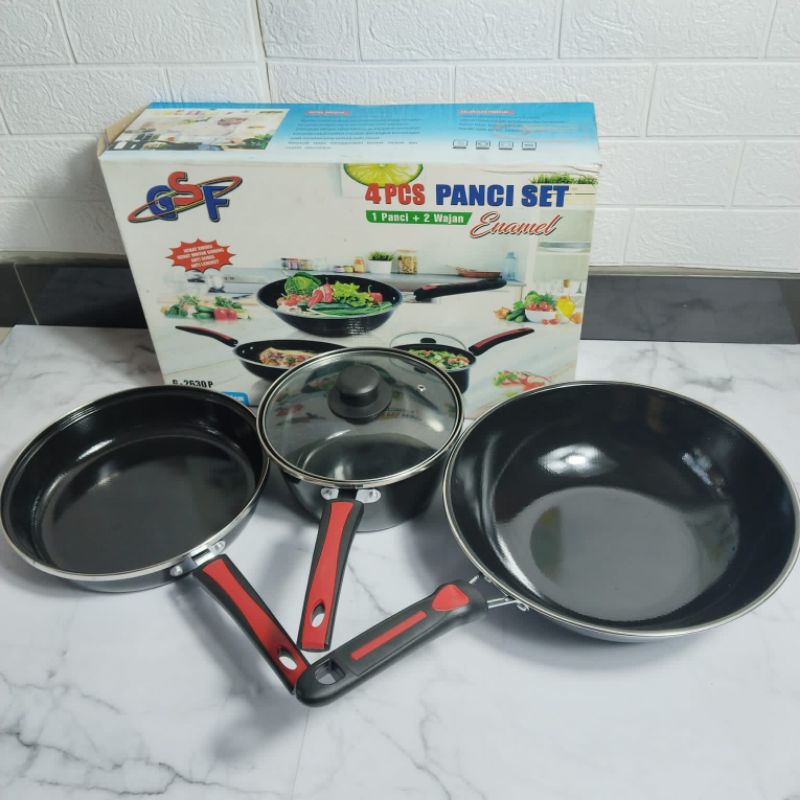 Jual Panci Set Enamel GSF G-2630 Frypan Tutup kaca Wajan Wok Dan ...
