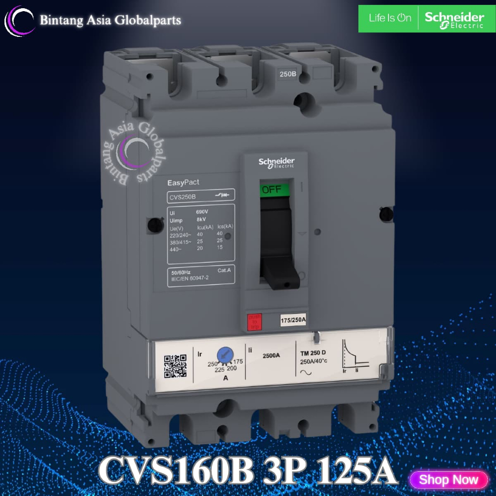 Jual MCCB 3 Phase 125 Ampere Schneider LV516302 Original / MCCB 3p 125a 25kA CVS160B / Breaker 3 ...