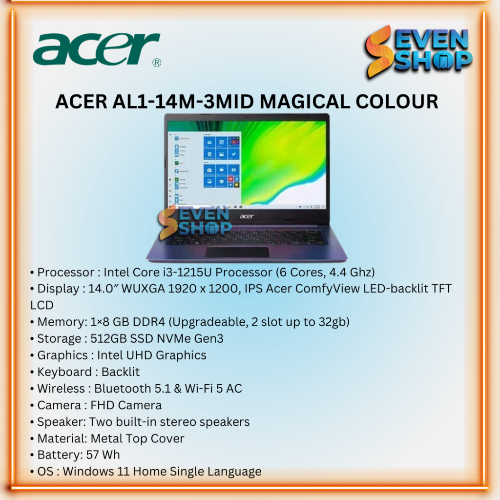 Jual LAPTOP ACER ASPIRE LITE MAGICAL COLOR AL1 14M 3MID I3 1215U 8GB ...