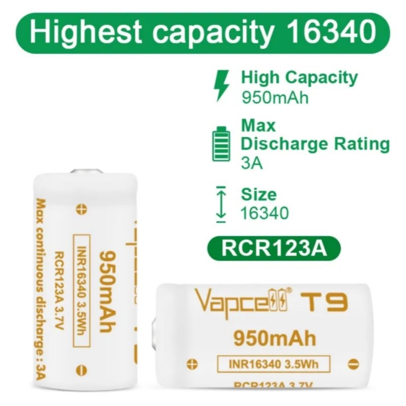 Jual Baterai Li-ion Rehargeable Vapcell T9 RCR123A 16340 950mAh 3.7V ...