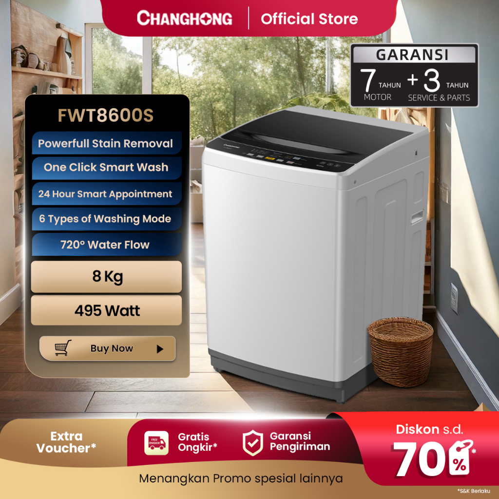 Jual Changhong Mesin Cuci 1 Tabung Top Loading 8Kg Washing Machine - FWT8600S. | Shopee Indonesia