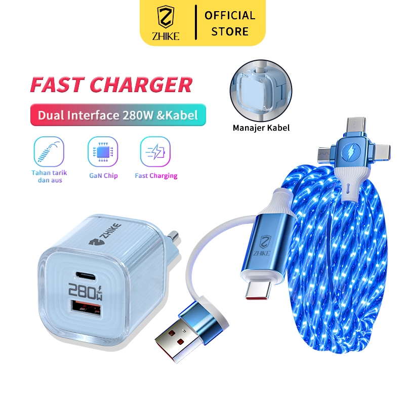 Jual ZHIKE Kabel Fast Charger 5-in-1 280W Adaptor GaN Type-C Micro USB ...