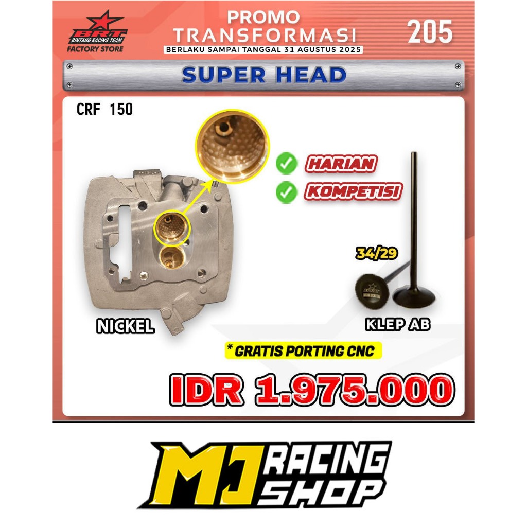 Jual CYLINDER HEAD BRT CRF 150 / NEW MEGAPRO MONO / VERZA 32 27 34 29 ...