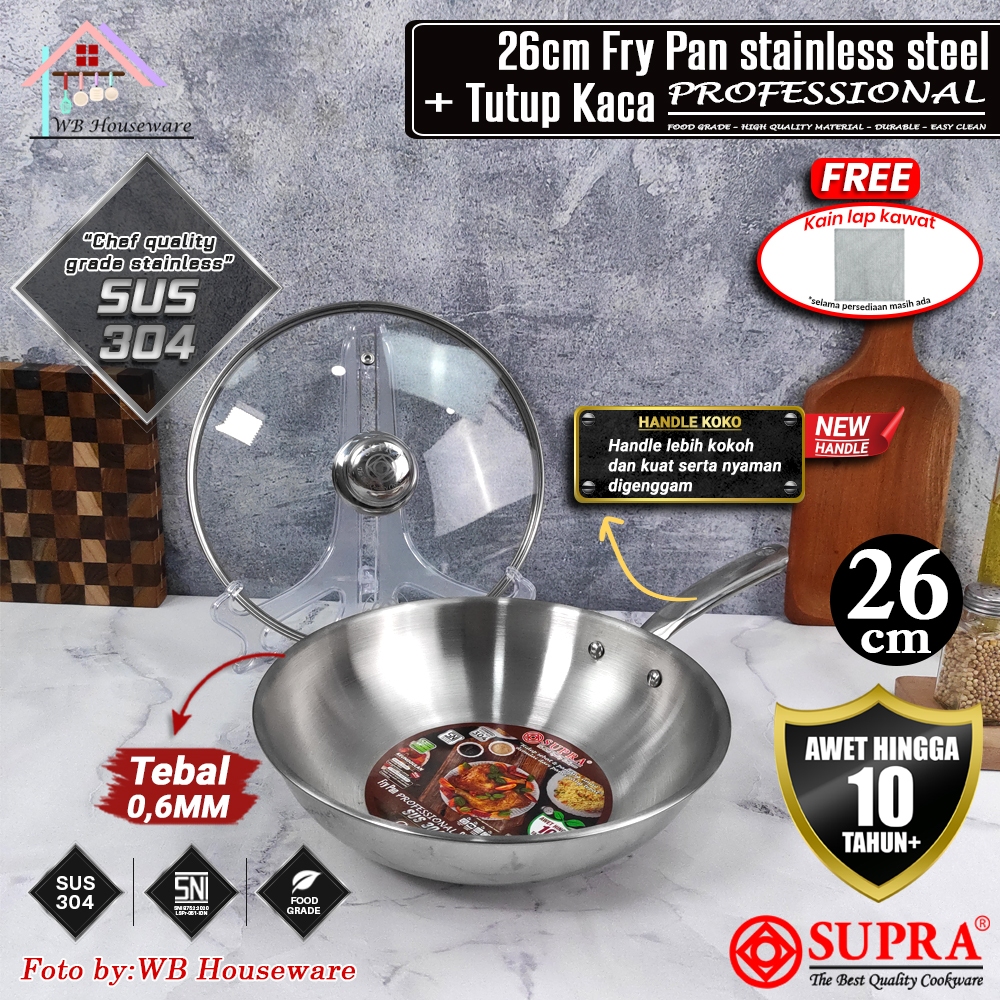 Jual SUPRA panci fry pan 26cm + tutup kaca viliron stainless steel SUS 304 impact bottom ...