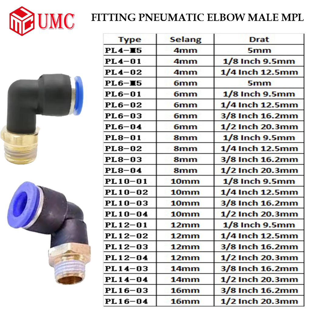 Jual FITTING PNEUMATIC ELBOW MALE DRAT LUAR MPL SLIPLOCK 1/8" 1/4" 3/8" 1/2" Inch Slip lock ...
