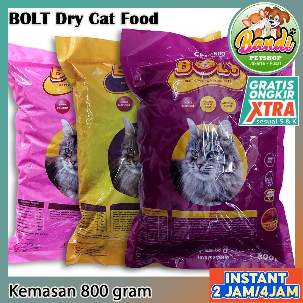Jual BOLT Makanan Kucing Dewasa kemasan 800 gr, cat dry food Bolt 800 ...