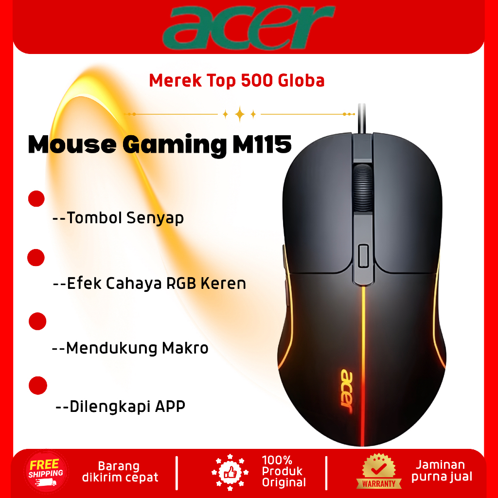 Jual Acer M115 Gaming Mouse - RGB LED, 800-3200 DPI, wired, kompatibel ...