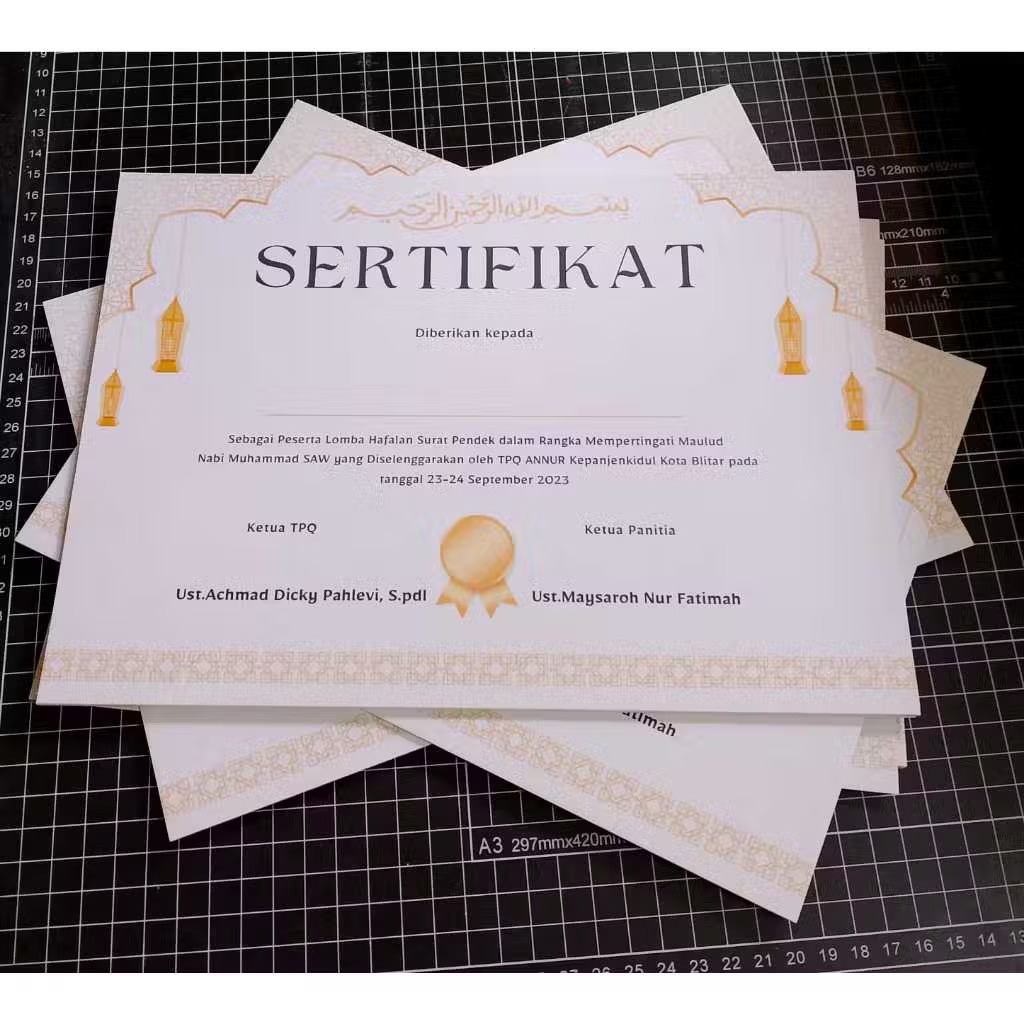 Jual Cetak sertifikat cetak piagam murah dan cepat ukuran A4 bahan ...