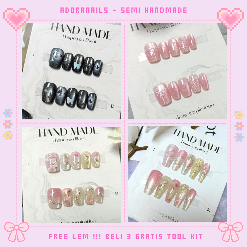 Jual [10PCS/SET XS/S/M - GRATIS LEM JELLY] Fake nails premium buatan semi tangan kuku cat eye/3D ...