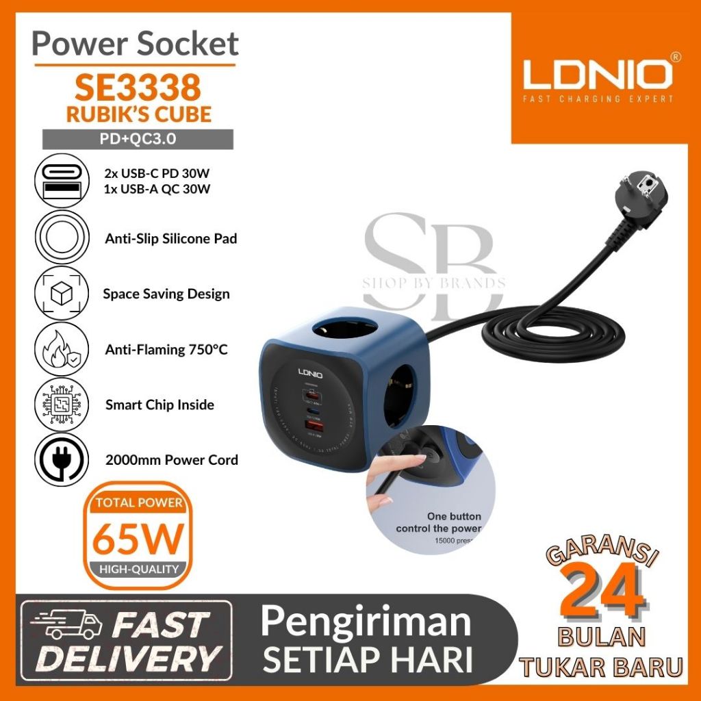 Jual Stop Kontak LDNIO SE3338 Power Socket Colokan Listrik Fast Charging 3 Lubang 3 USB (Type C ...