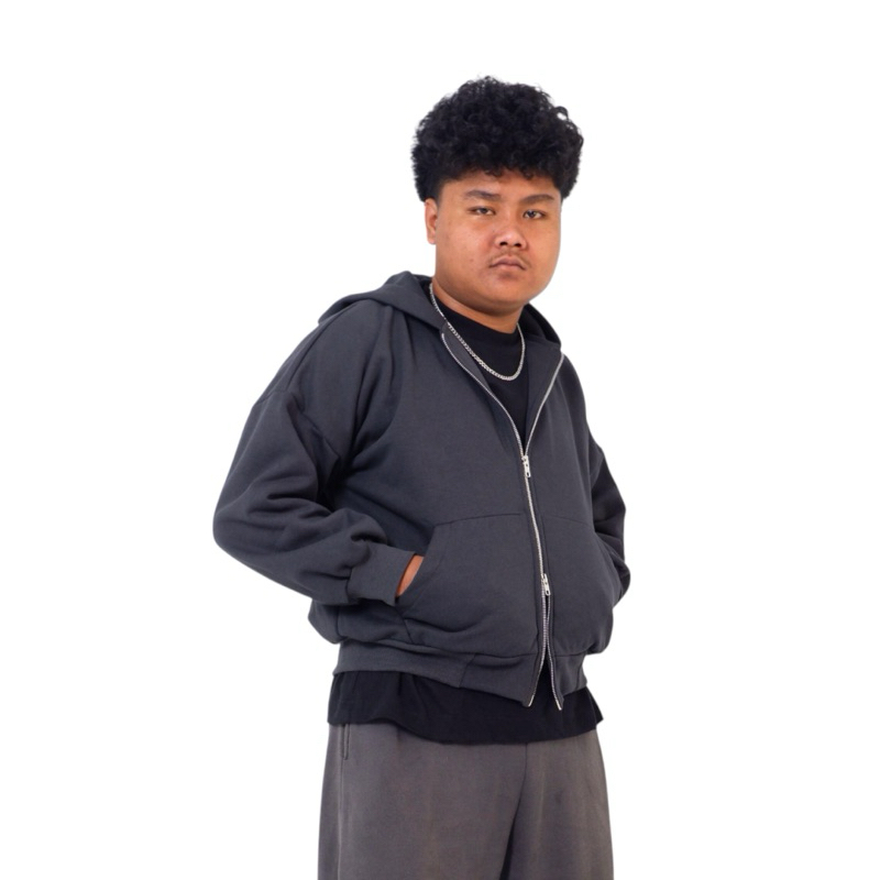 Jual BUSTLE.ID - Boxy Double Zip Dark Grey / Zipper Hoodie Boxy ...