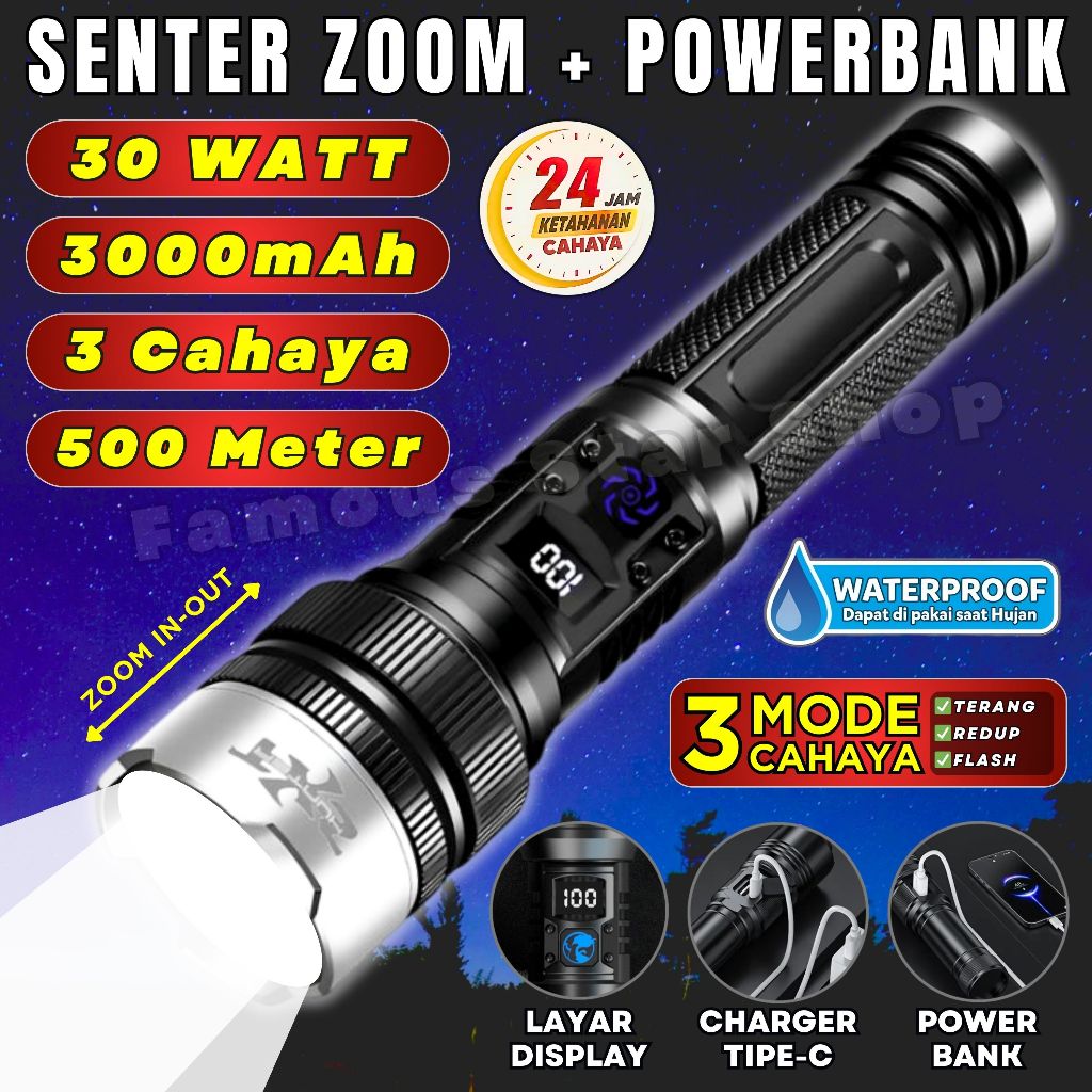 Jual Senter LED Zoom + PowerBank Cahaya Super Terang Tahan 24 Jam 30 ...