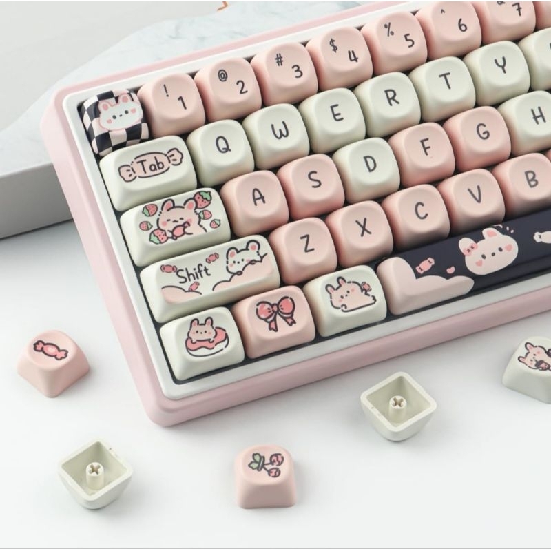 Jual Cute Pink Strawberry Bunny Keycaps 132 Keys MOA Profile Mechanical ...